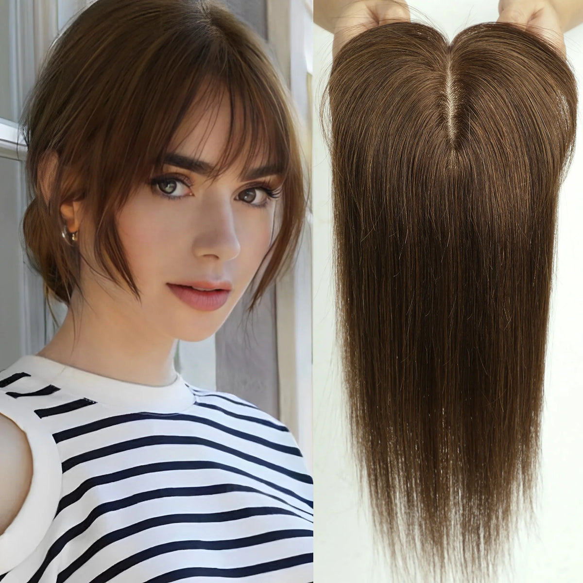 Brown Hair Topper Real Human Hair Clip In With Bangs – Eternal Wigs UK